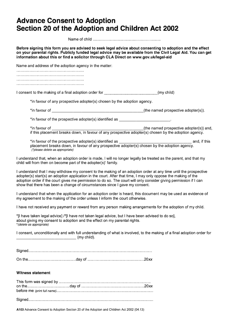 A103 Advance Consent to Adoption (Section 20 of the Adoption and ...