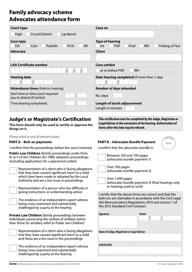EX506 Family Advocacy Scheme Advocates Attendance Form
