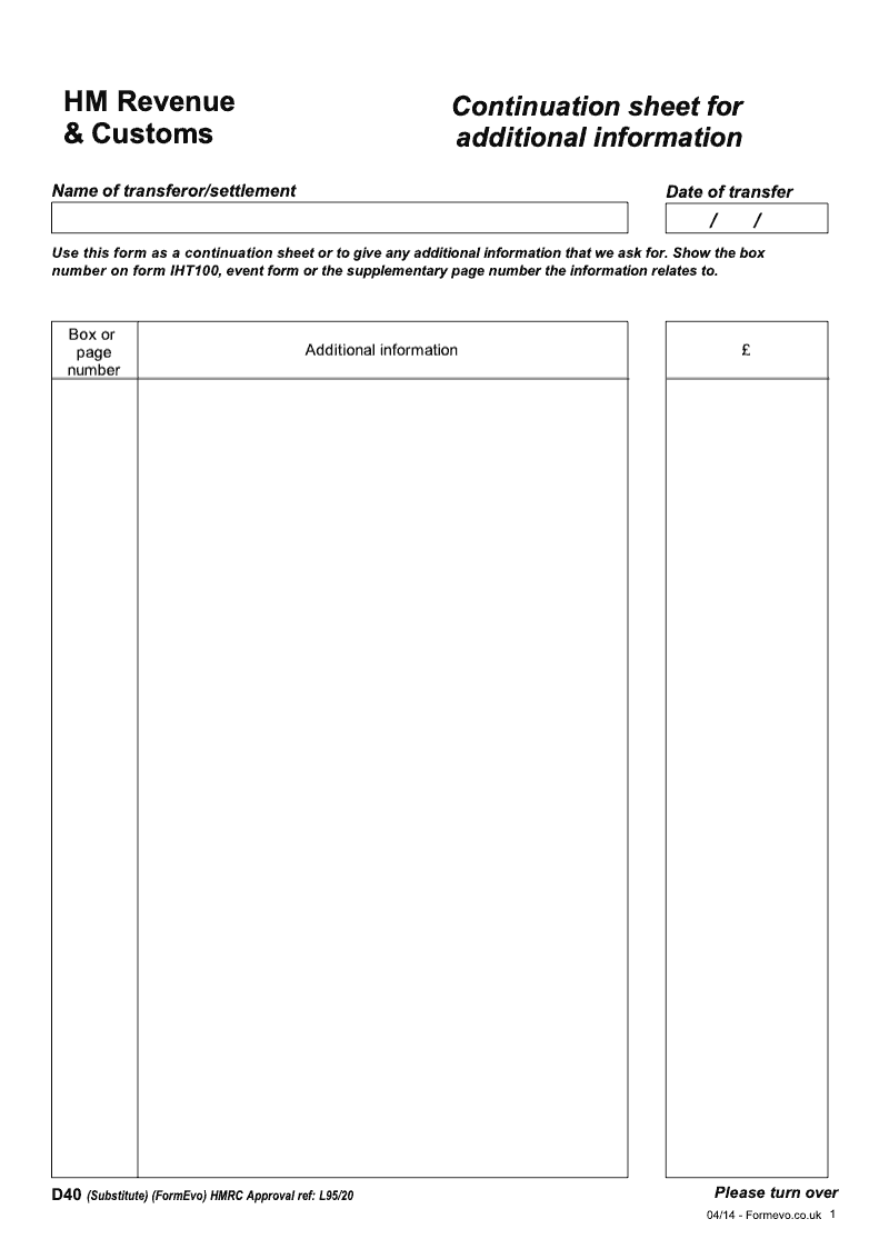 IHTD40 Continuation Sheet for Additional Information
