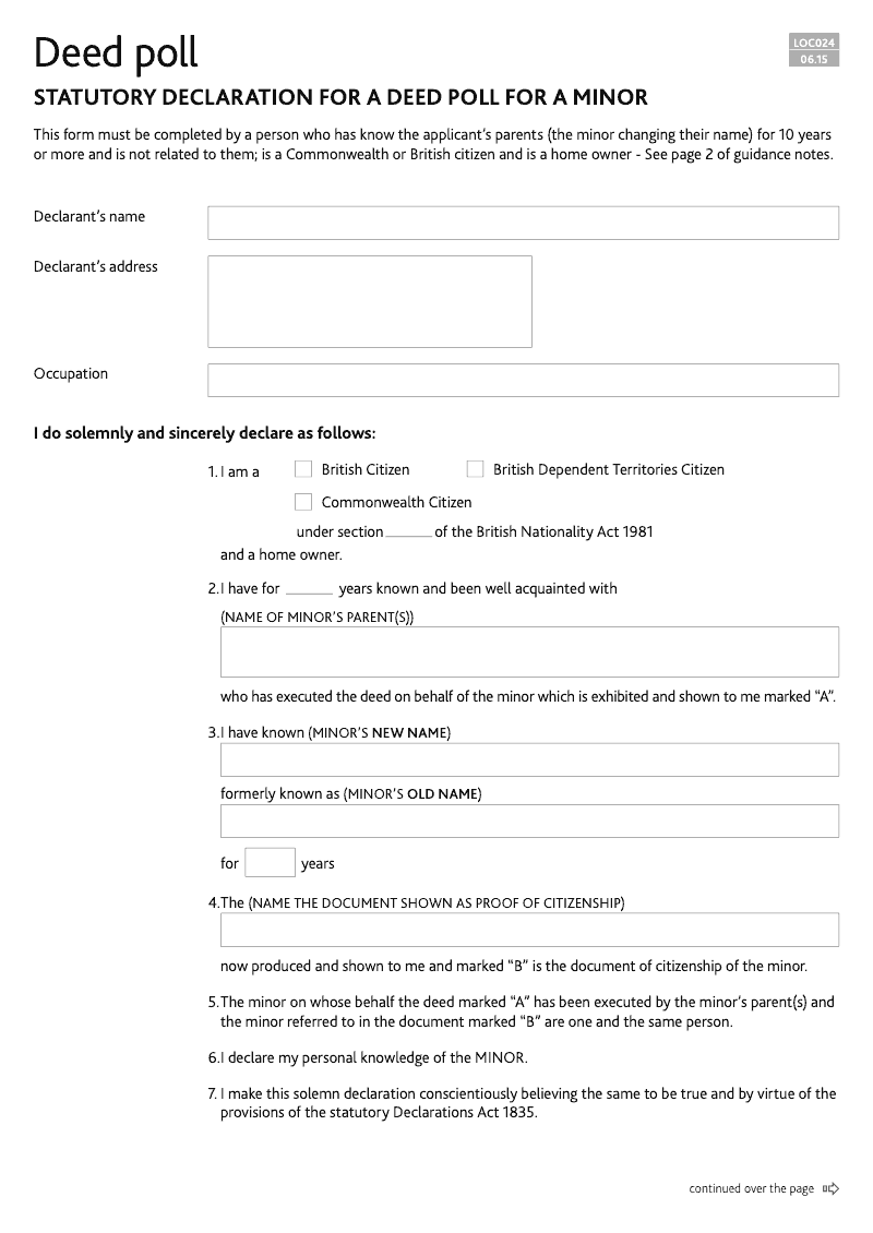 LOC024 Statutory declaration for a deed poll for a minor (Deed Poll)