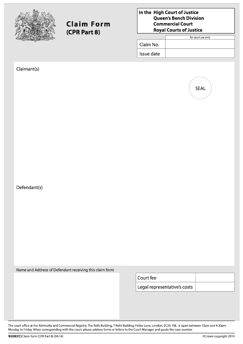 N208(CC) Claim form (CPR Part 8) (Commercial Court)