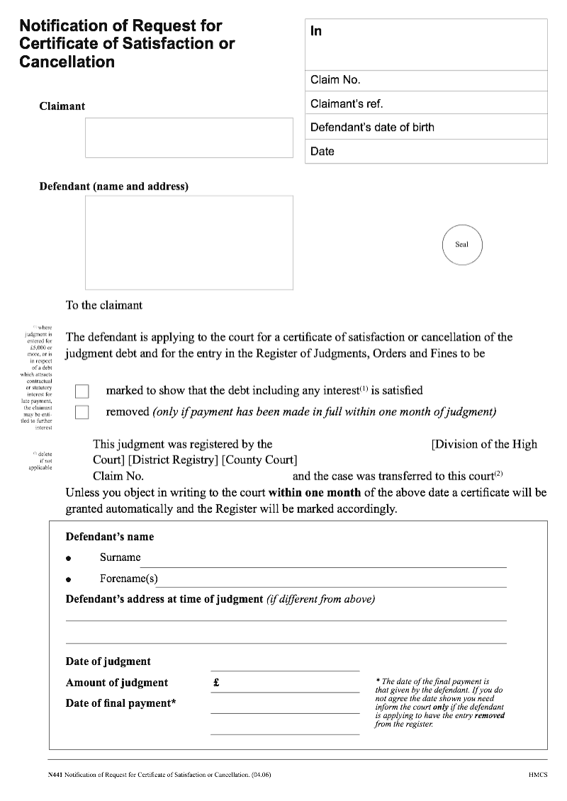 N441 Notification of Request for Certificate of Satisfaction or ...