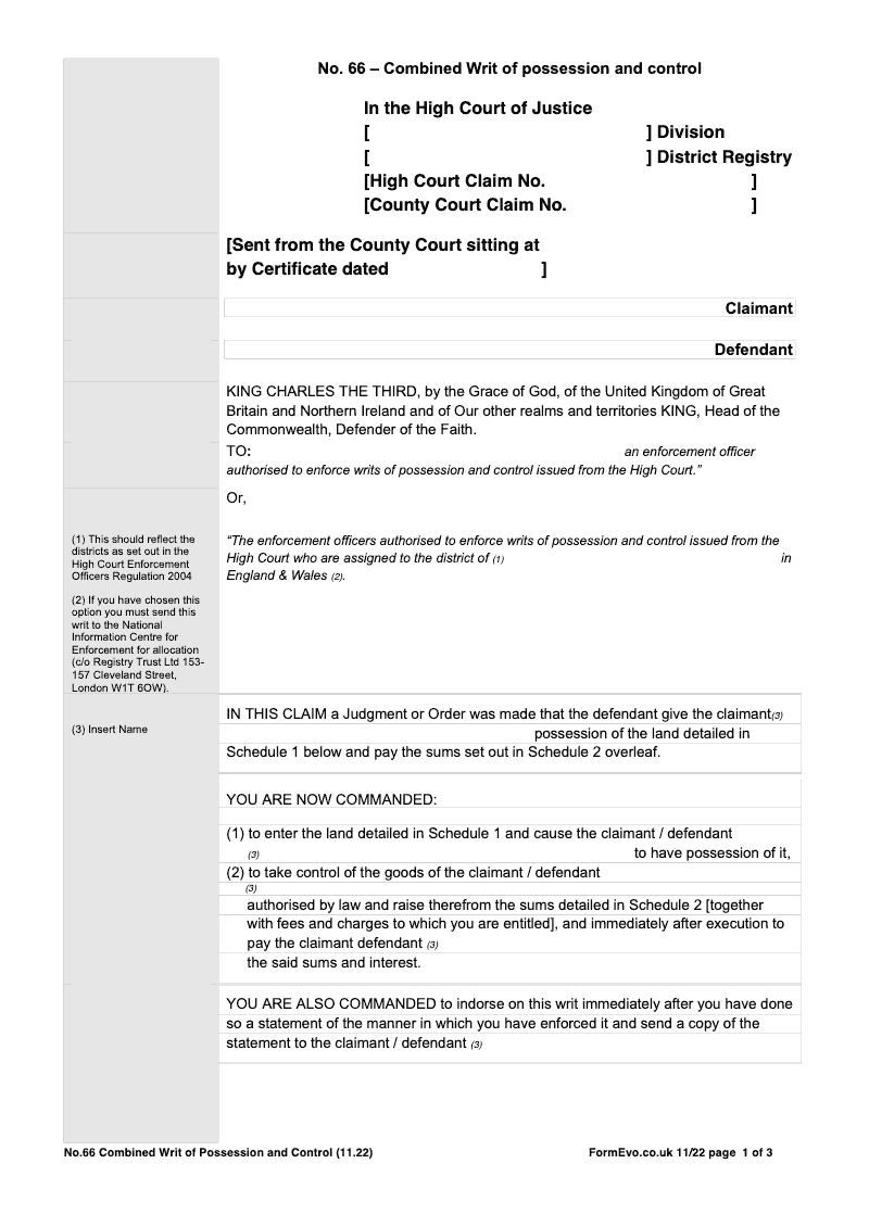 NO66 Request for Issue of Writ of Possession