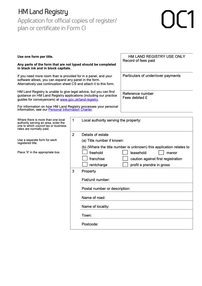 OC1 Application for official copies of register/plan or certificate in ...