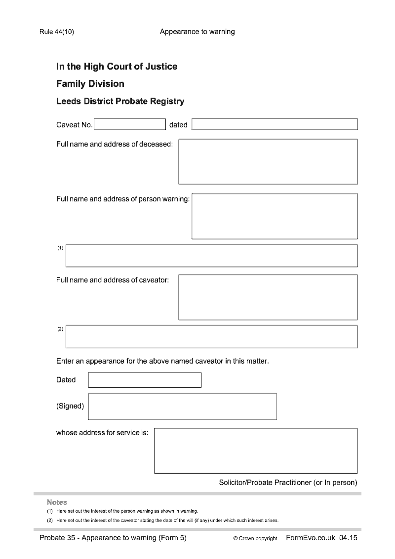 Probate 35 Appearance To Warning Form 5 